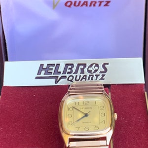 1990s Helbros Quartz Tank Watch Gold Tone Finish, Gold Dial, in Box ...