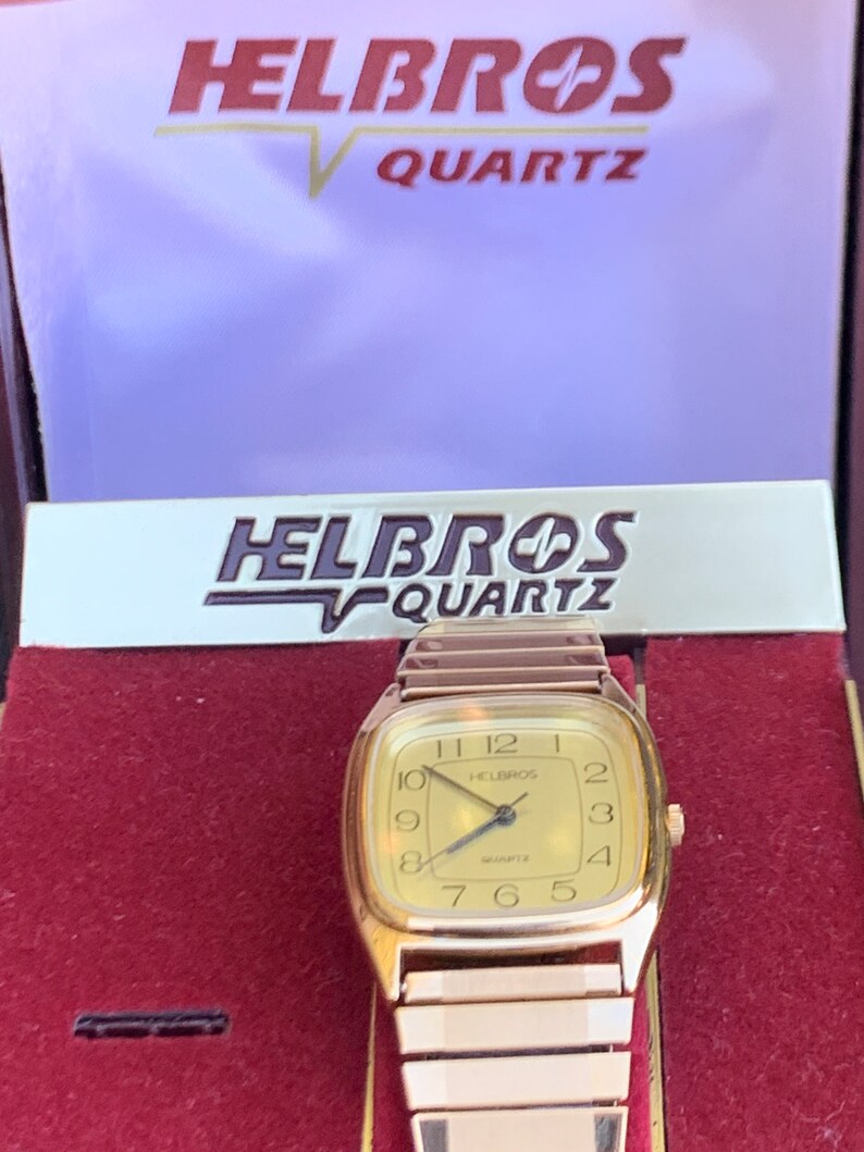 1990s Helbros Quartz Tank Watch Gold Tone Finish, Gold Dial, in Box ...