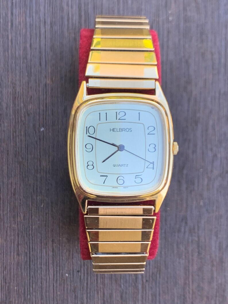 1990s Helbros Quartz Tank Watch Gold Tone Finish, Gold Dial, in Box ...