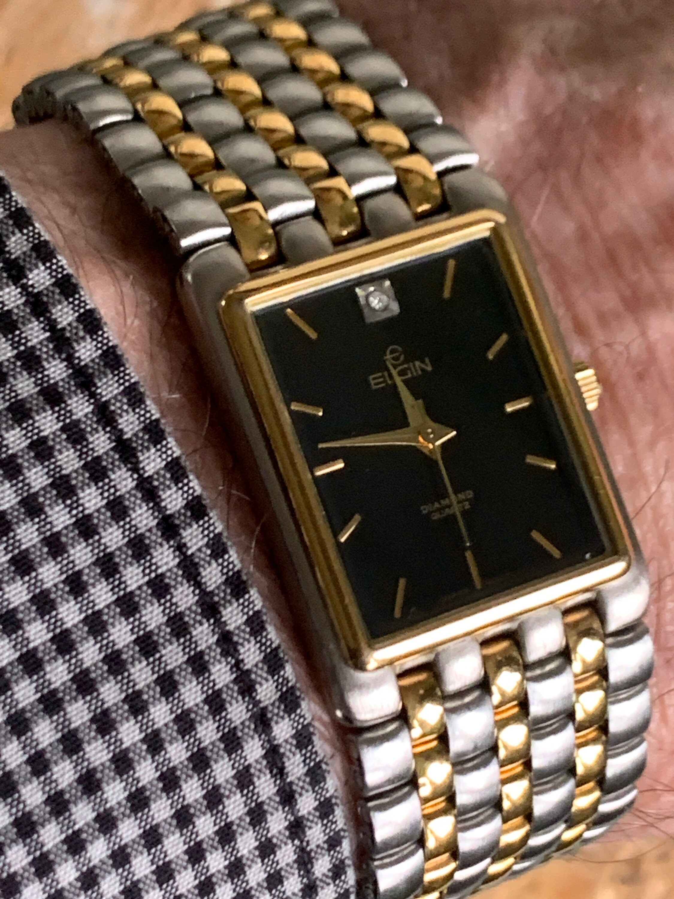 Fancy Elgin Tank Watch 1980s Elgin Two Tone Diamond Quarts Metal Tank ...