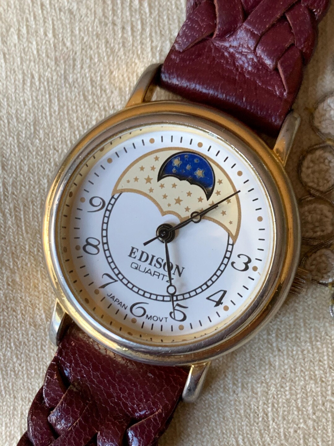 Edison Moon Phase Watch - 1990s Moonphase - New Battery, NOS Burgundy ...