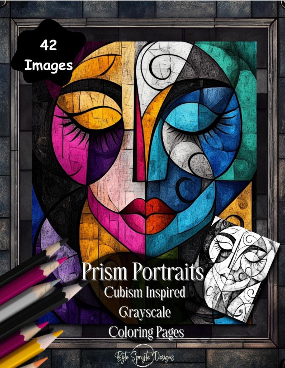 Cubism Portraits Coloring Book: Abstract Grayscale Art (digital ...