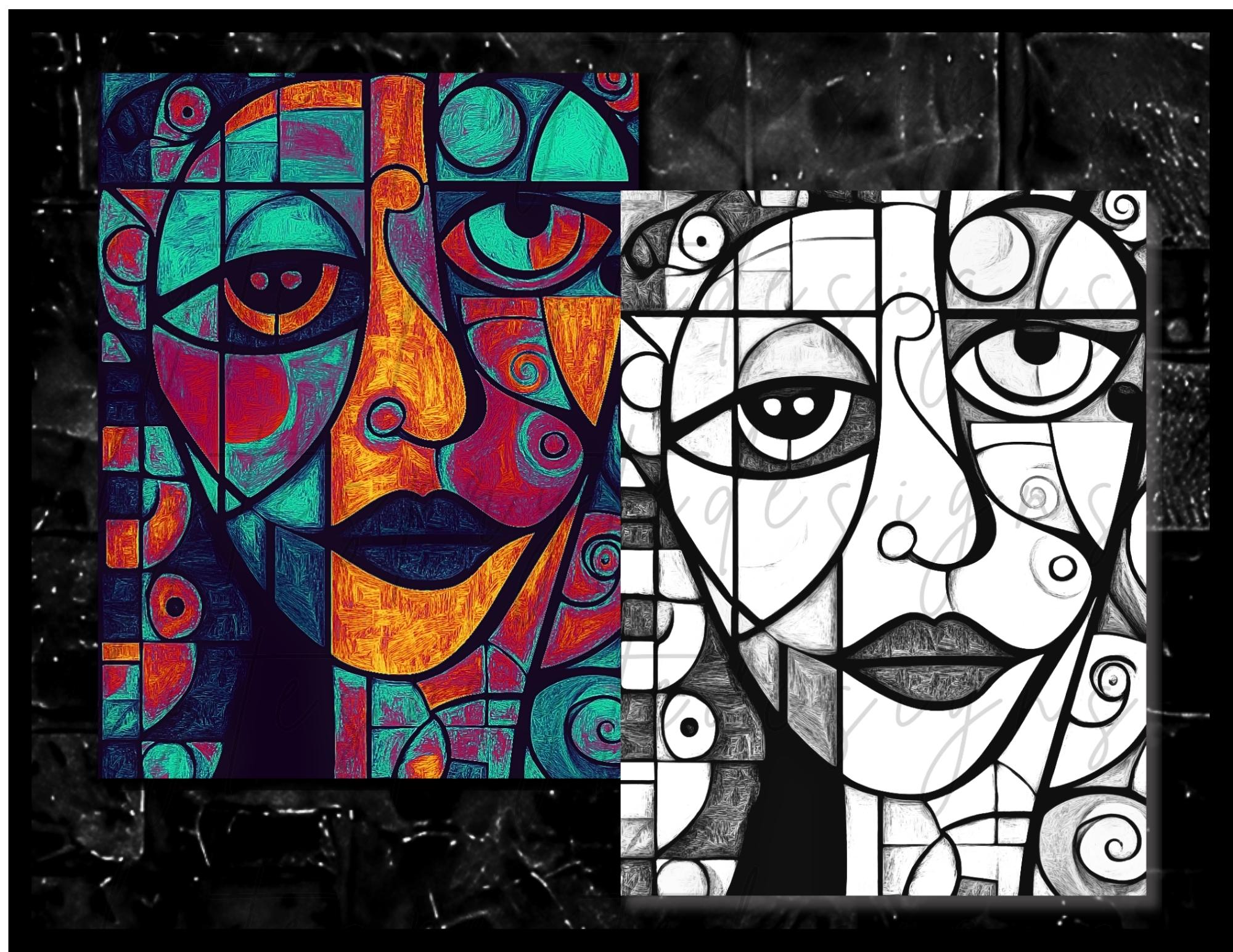 Cubism Portraits Coloring Book: Abstract Grayscale Art (digital ...