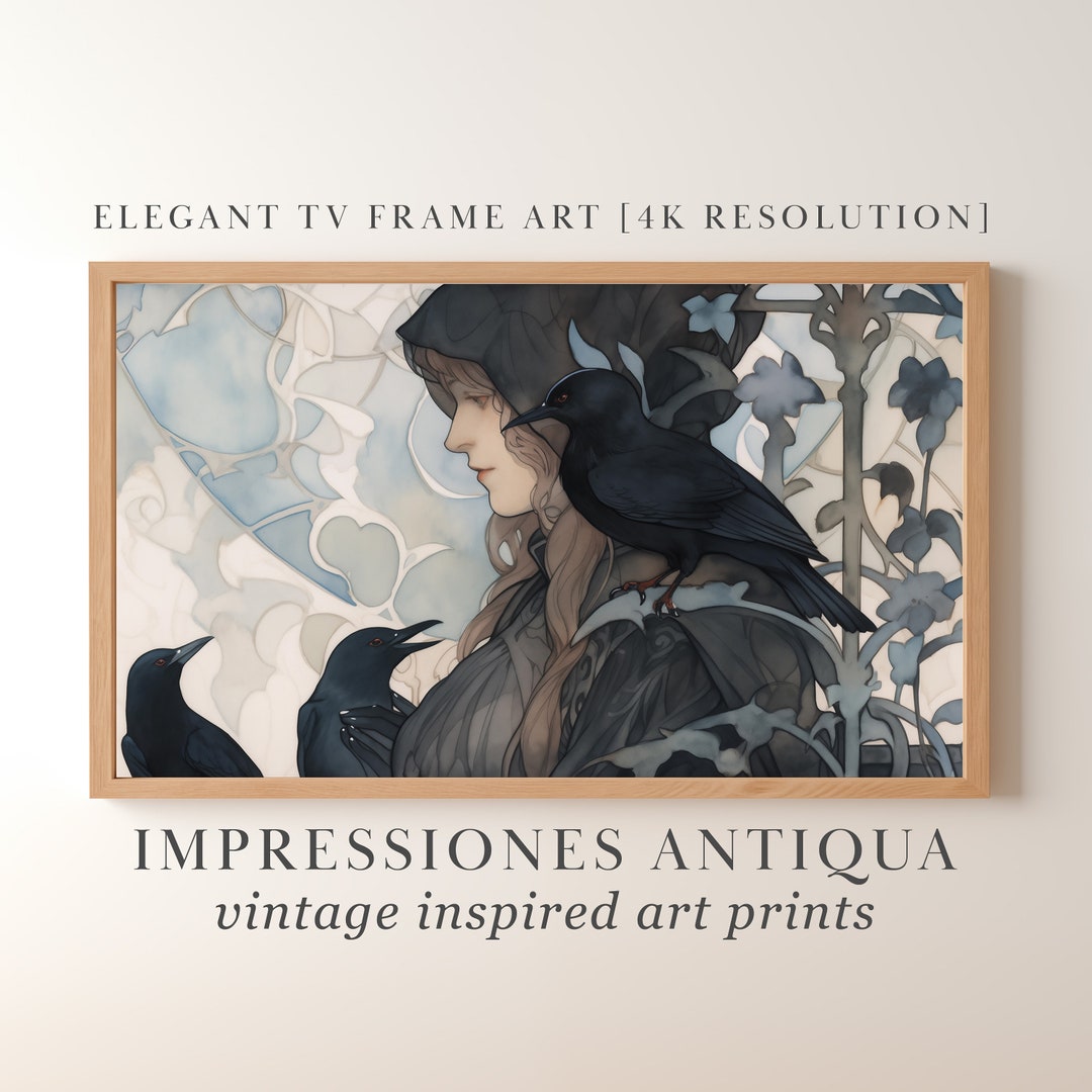 Moody Crow Girl Oil Painting, Samsung Frame TV Art, Dark Academia, Cool Tone Landscape, Country ...