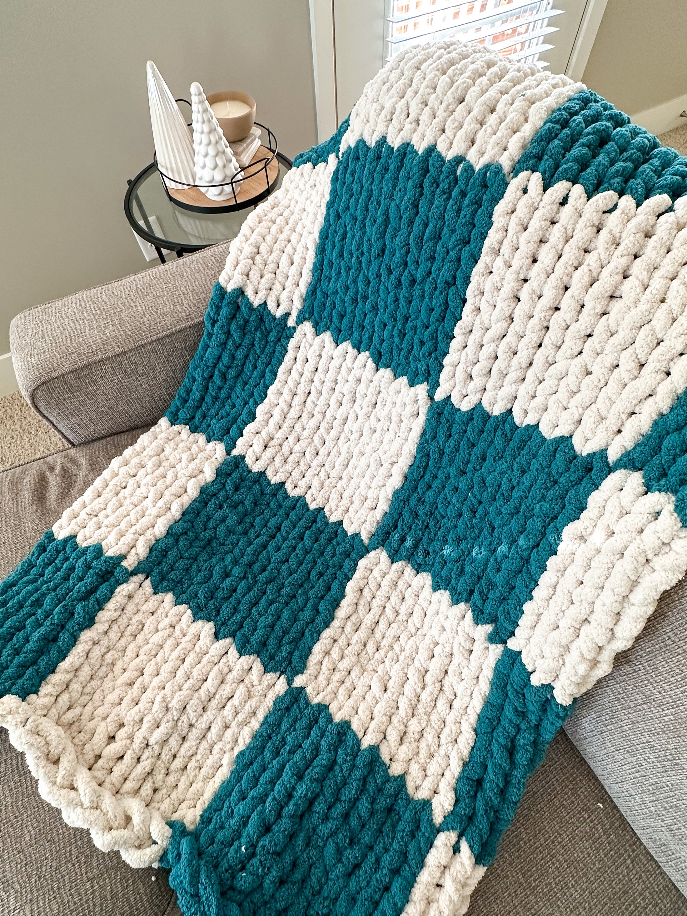 Handmade Checkered Chunky Knit Blanket: Cozy Chenille Throw - Etsy