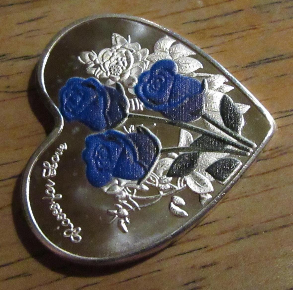 Painted Blue Roses on Silver Plated for Love, Heart Shape Coin ...