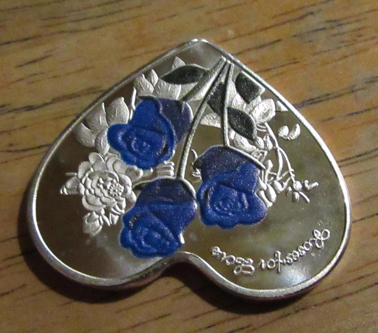 Painted Blue Roses on Silver Plated for Love, Heart Shape Coin ...