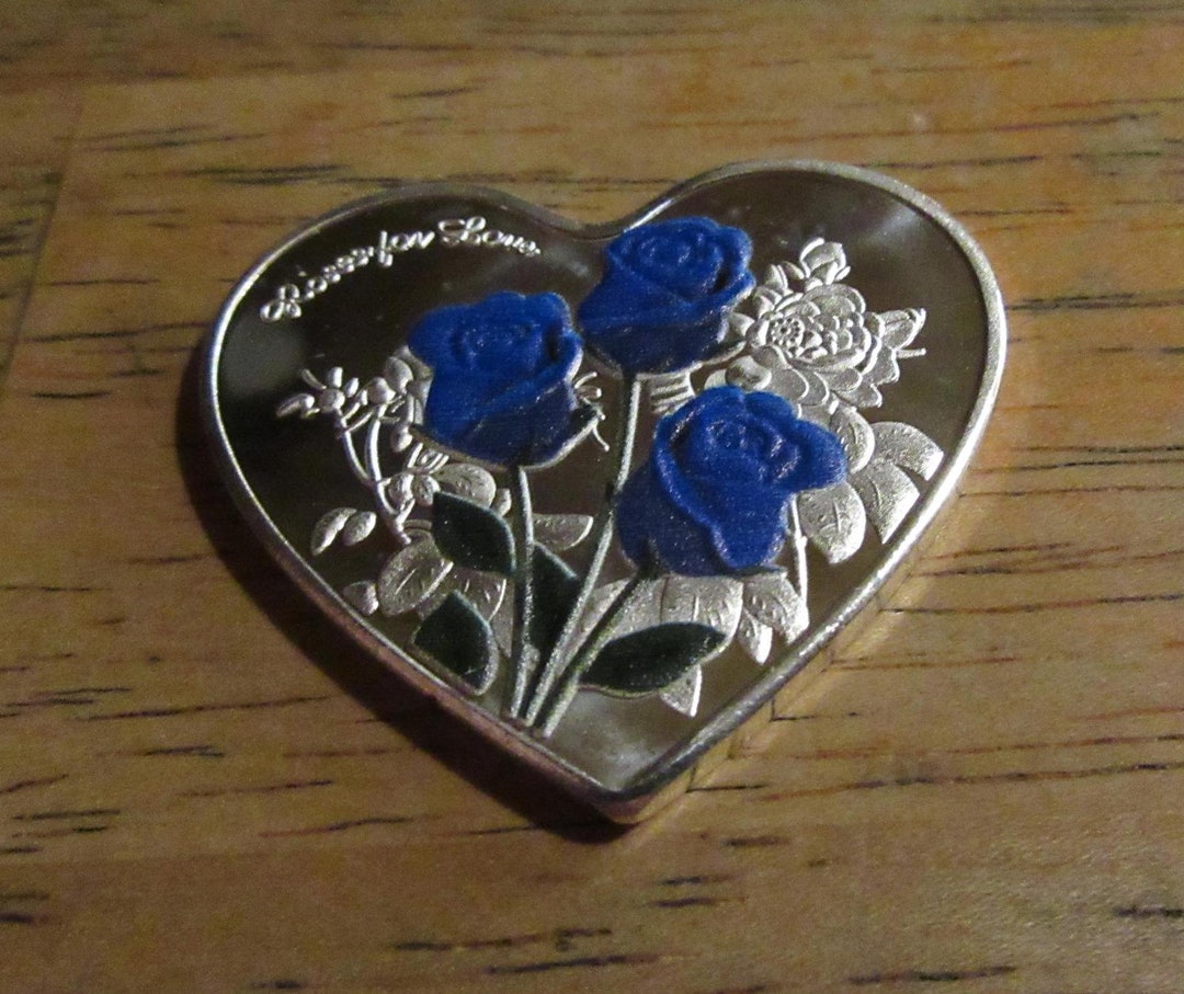 Painted Blue Roses on Silver Plated for Love, Heart Shape Coin ...