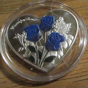 Painted Blue Roses on Silver Plated for Love, Heart Shape Coin ...