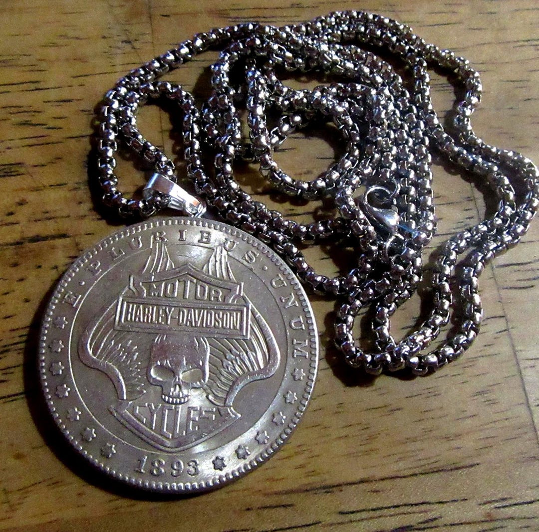 Harley Motor Cycle Biker Skull Pendant Chain Silver Plated Hobo Nickel ...