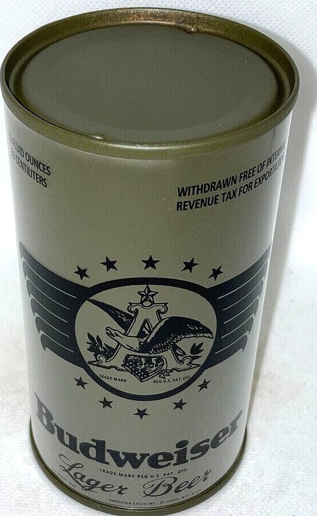 1944 World War II WW2 Budweiser Olive Drab 12oz Beer Can Plastic Label ...