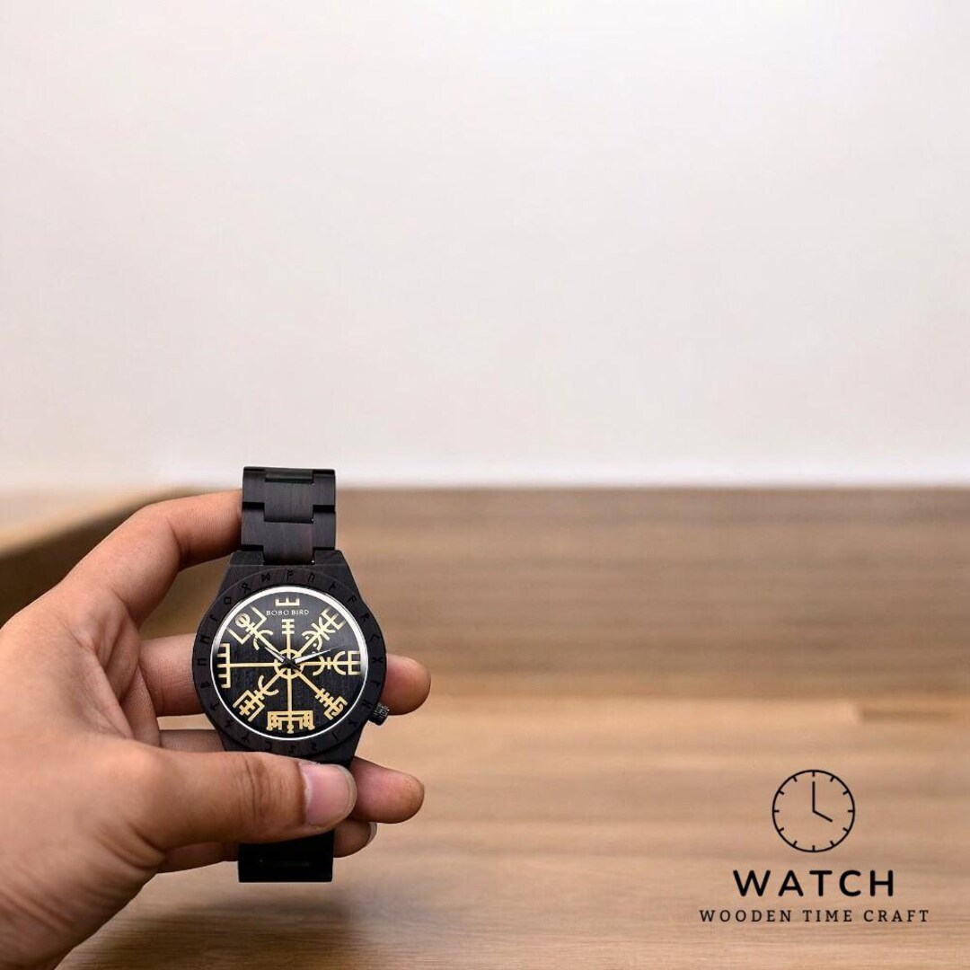 Handcrafted Wooden Runic Circle Men's Watch With Helm of Awe Custom ...