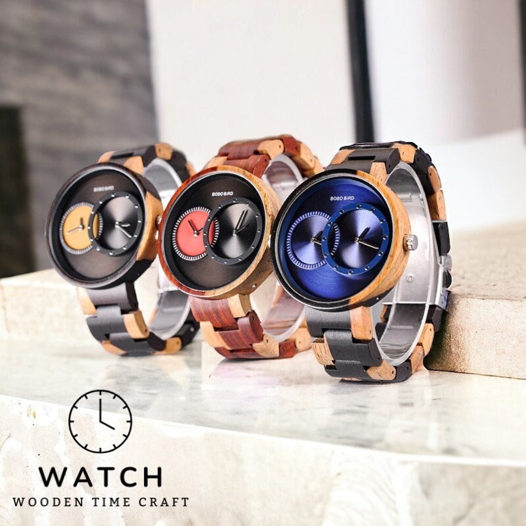 Men's Dual Time Zone Wooden Quartz Watch Unique Custom Gift in Stylish ...