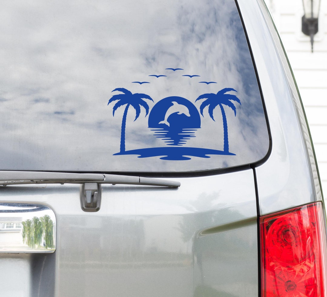 Dolphin Car Decal: Sunset, Palm Trees, Tropical Island Vinyl Sticker - Etsy