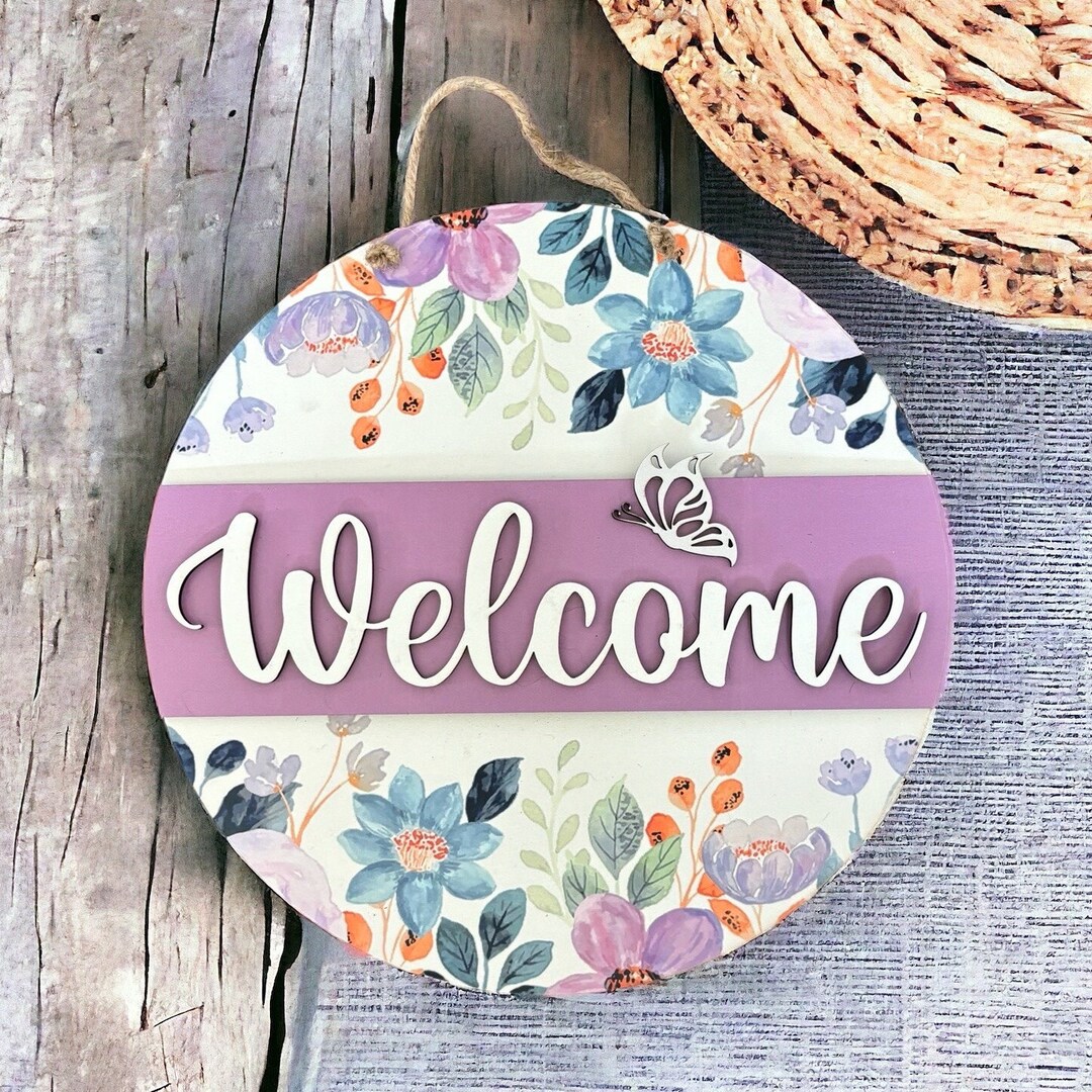Purple Wildflower Hello or Welcome Sign With Butterfly, a Pretty Front ...