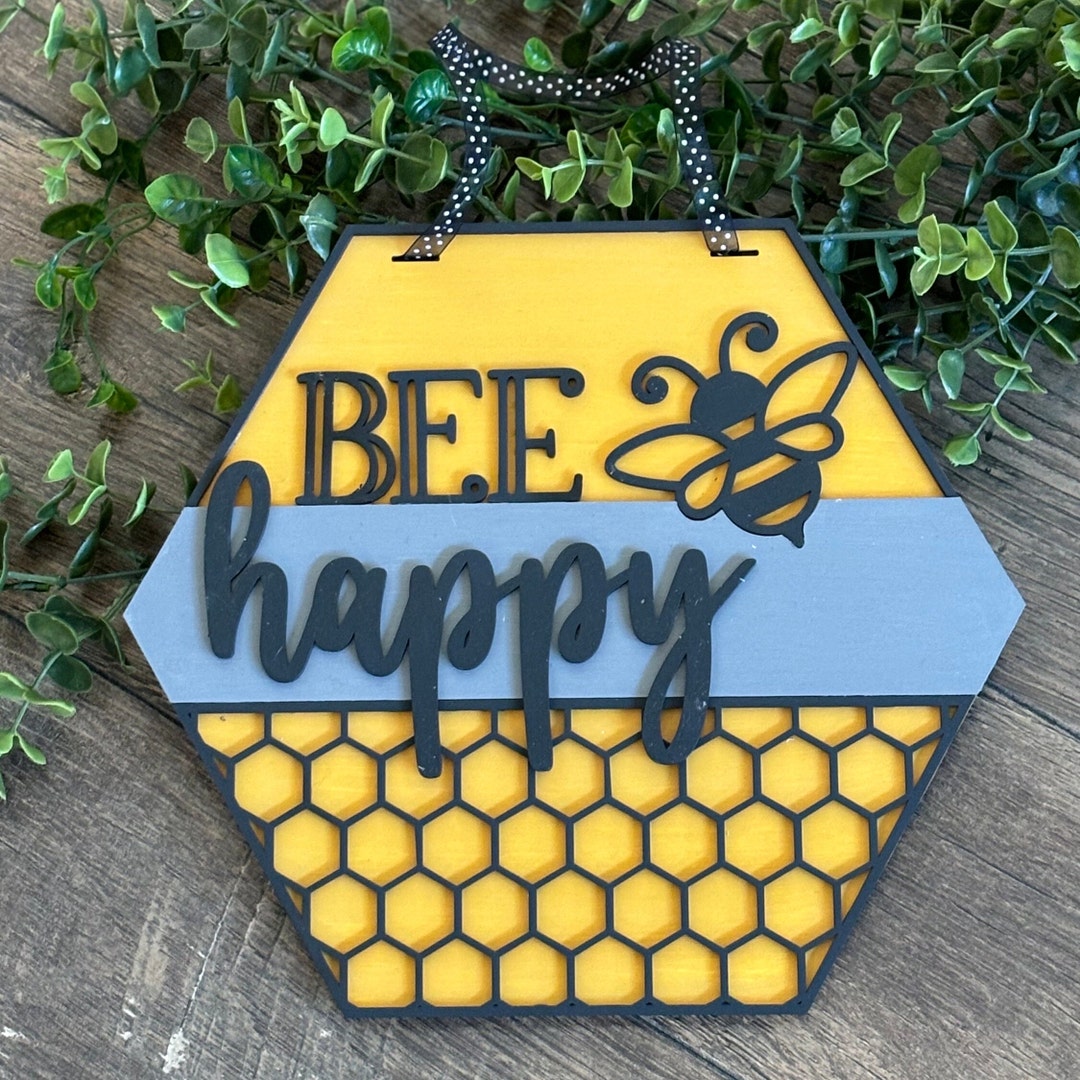 Front Door Decor Wooden Bee Happy Sign Rustic Hand Made Bee Happy Door ...