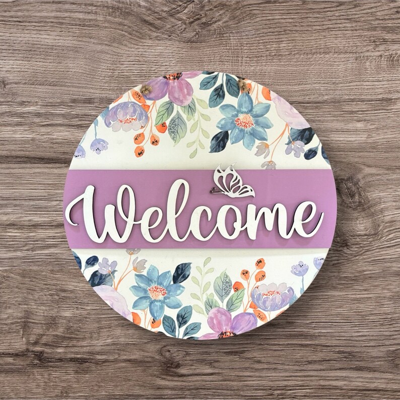 Purple Wildflower Hello or Welcome Sign With Butterfly, a Pretty Front ...