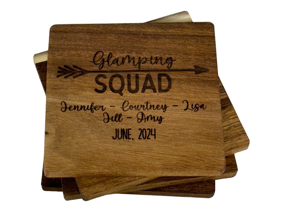 Glamping Squad Party Rustic Wooden Coasters With Custom Names and Date ...