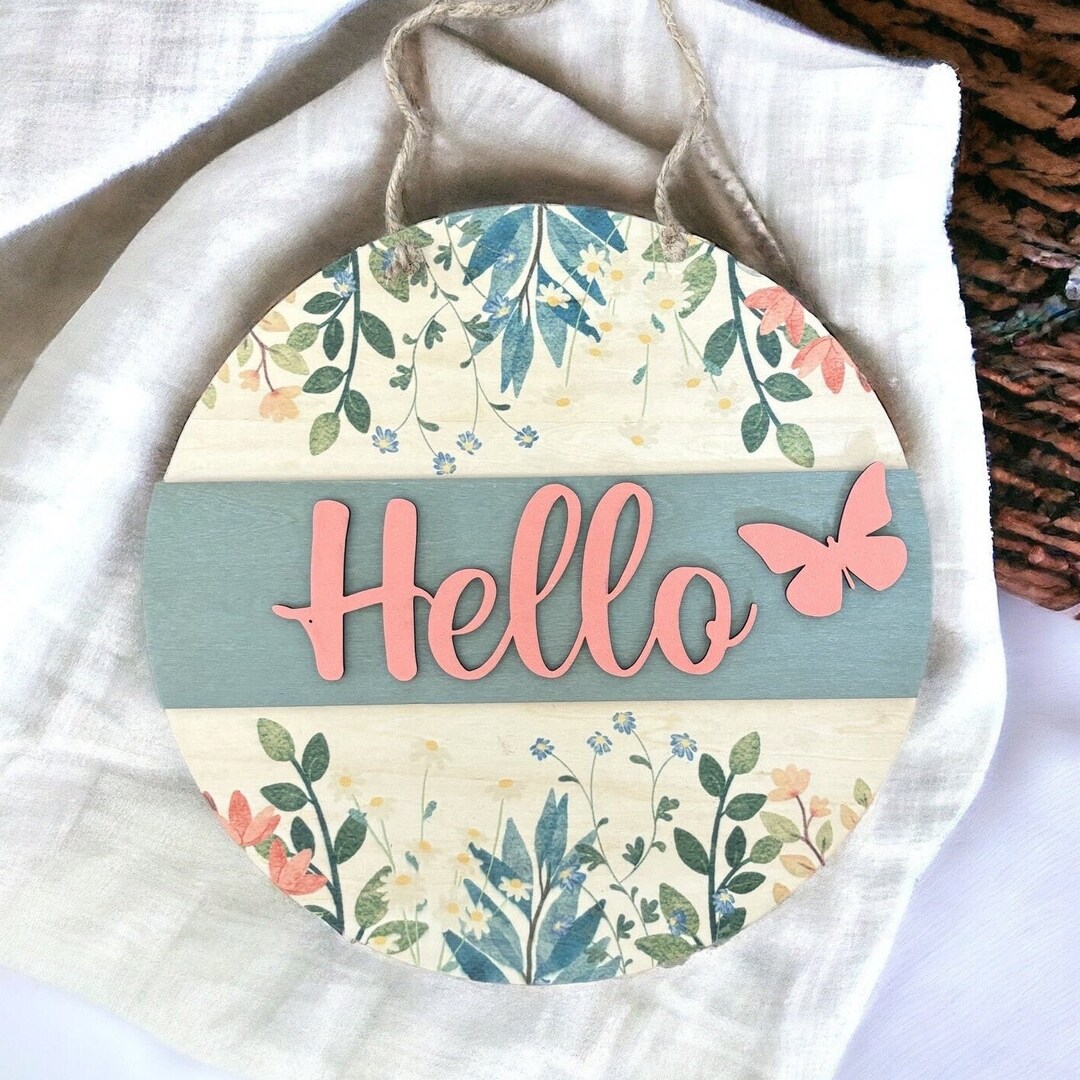 Wildflower Hello or Welcome Sign With Butterfly, a Pretty Front Door ...