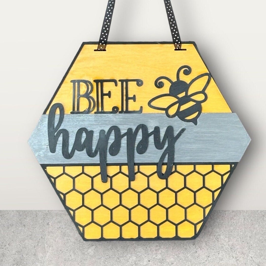Bee Happy Wooden Hand Painted Sign for Bee Lovers Front Door Decor, a ...