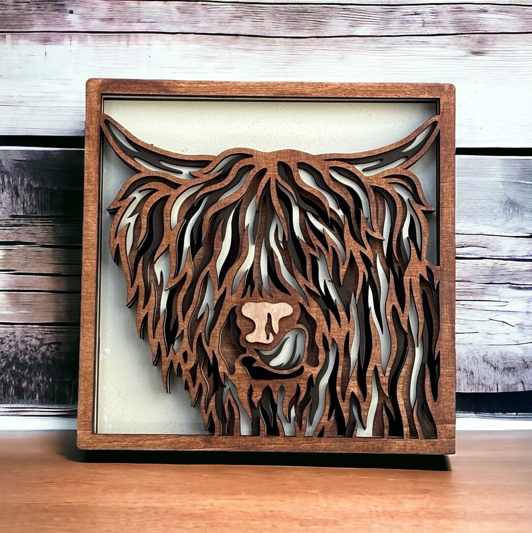 Highland Cow Art, a Wooden 3D Multi Colored Cow Face Painted and Framed ...