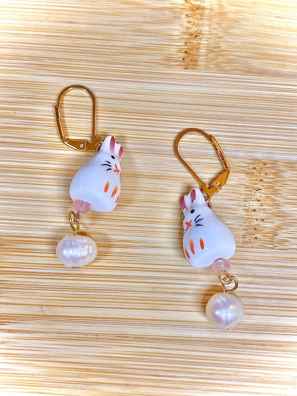 Ceramic and 18k Gold Bunny Earrings, Cute Bunny Dangle Earrings, White ...