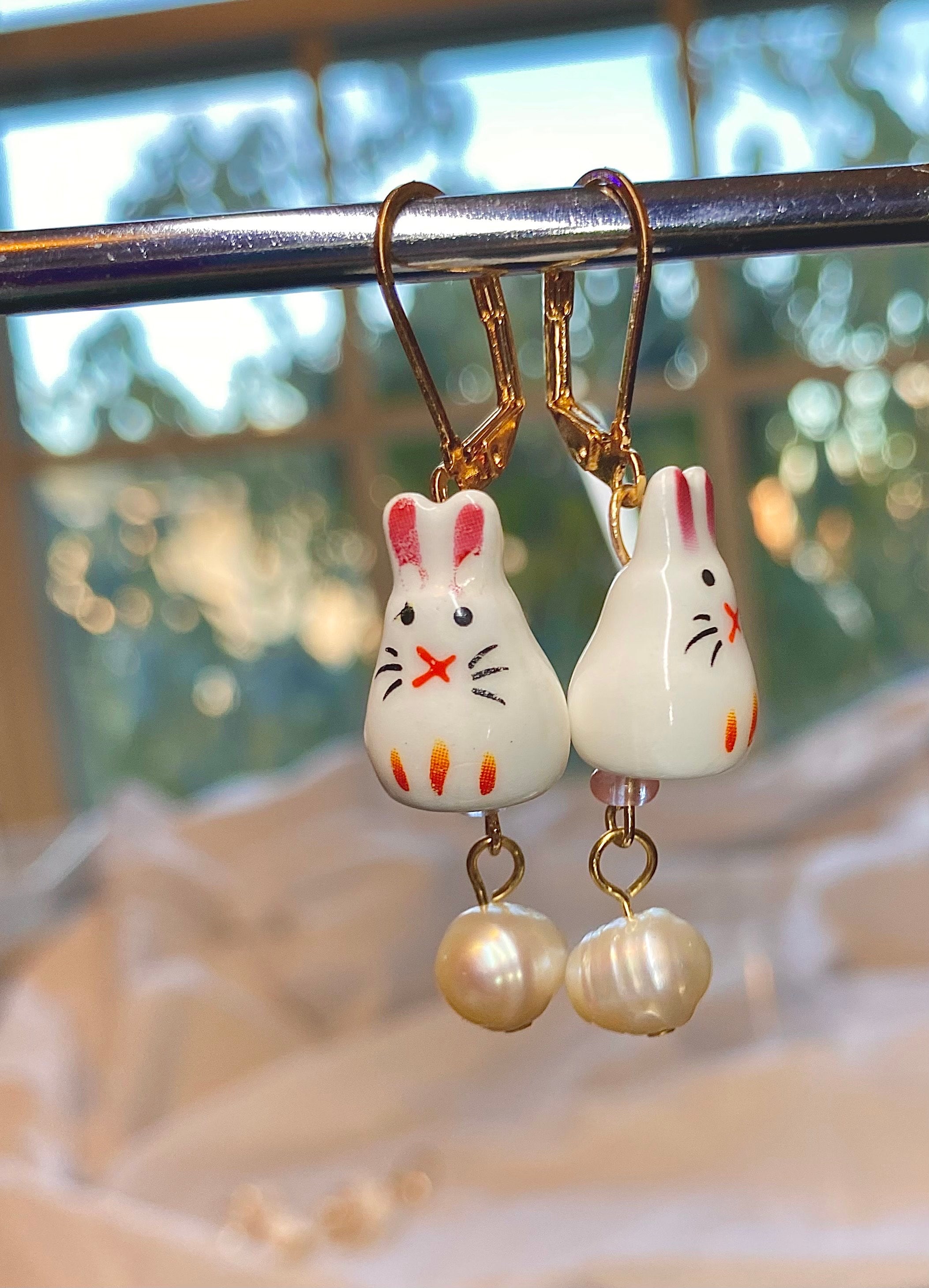 Ceramic and 18k Gold Bunny Earrings, Cute Bunny Dangle Earrings, White ...