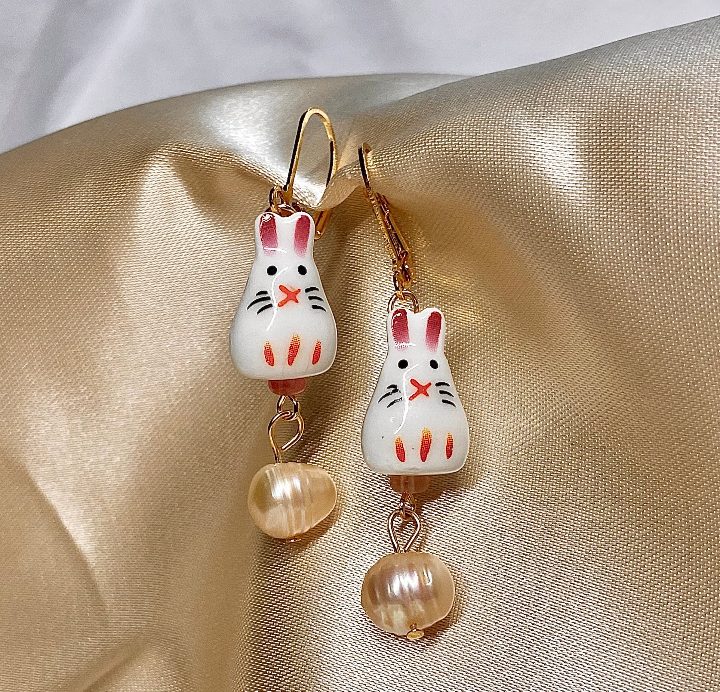 Ceramic and 18k Gold Bunny Earrings, Cute Bunny Dangle Earrings, White ...