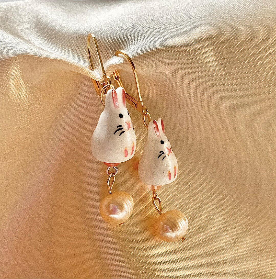 Ceramic and 18k Gold Bunny Earrings, Cute Bunny Dangle Earrings, White ...
