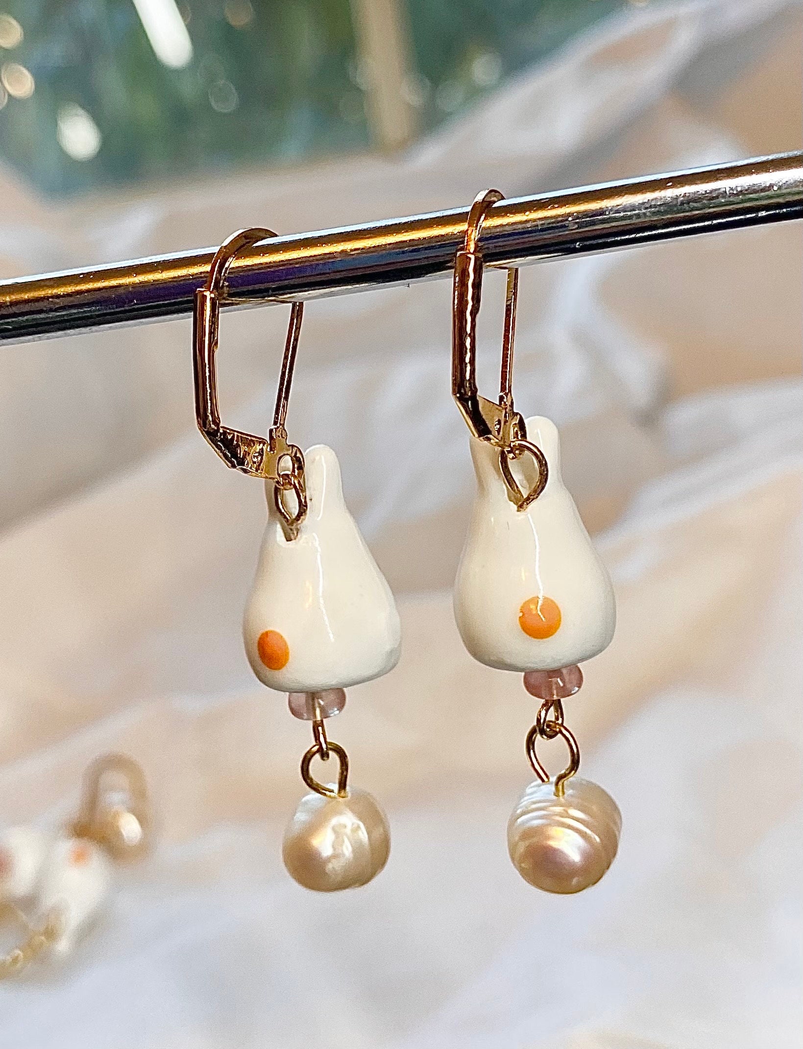Ceramic and 18k Gold Bunny Earrings, Cute Bunny Dangle Earrings, White ...