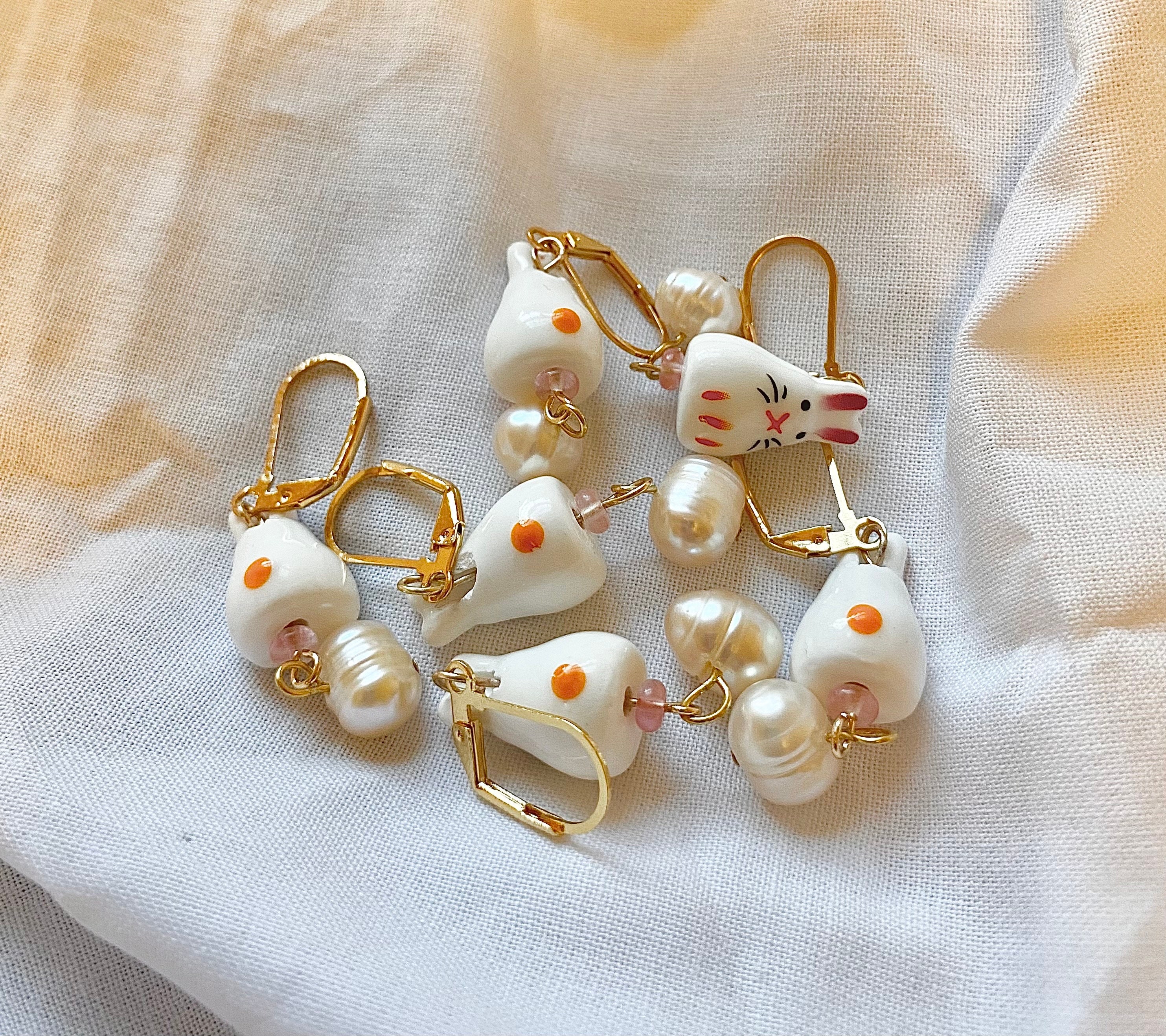 Ceramic and 18k Gold Bunny Earrings, Cute Bunny Dangle Earrings, White ...