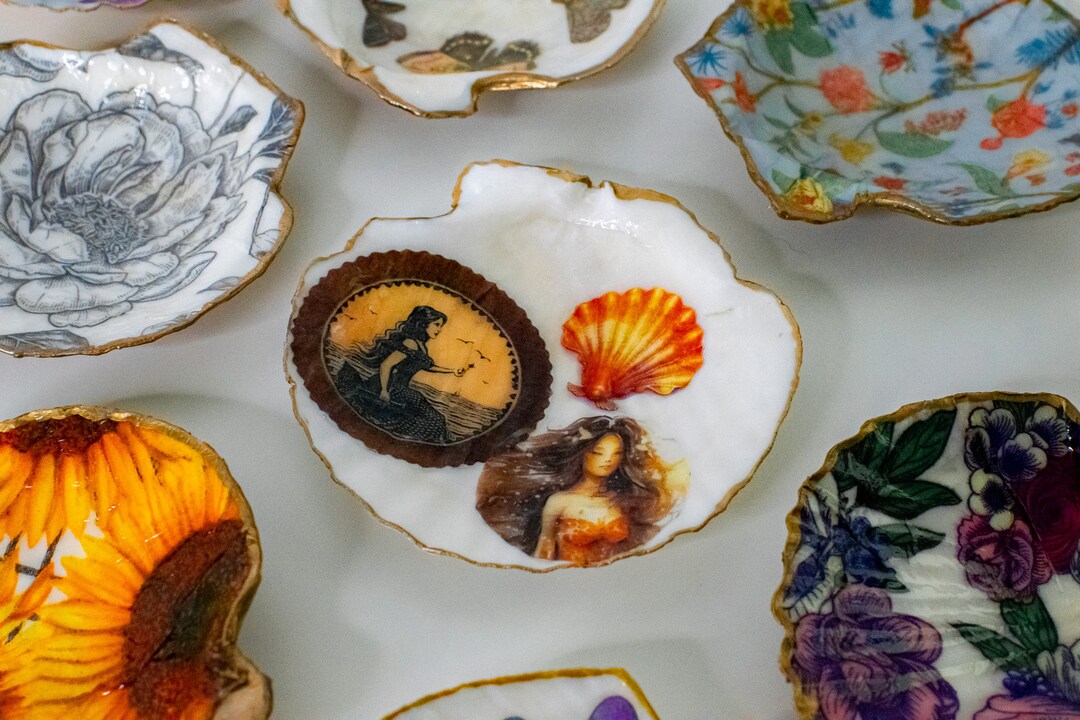 Mermaids and Seashell Scallop Shell Jewelry Dish Nautical Decoupage ...