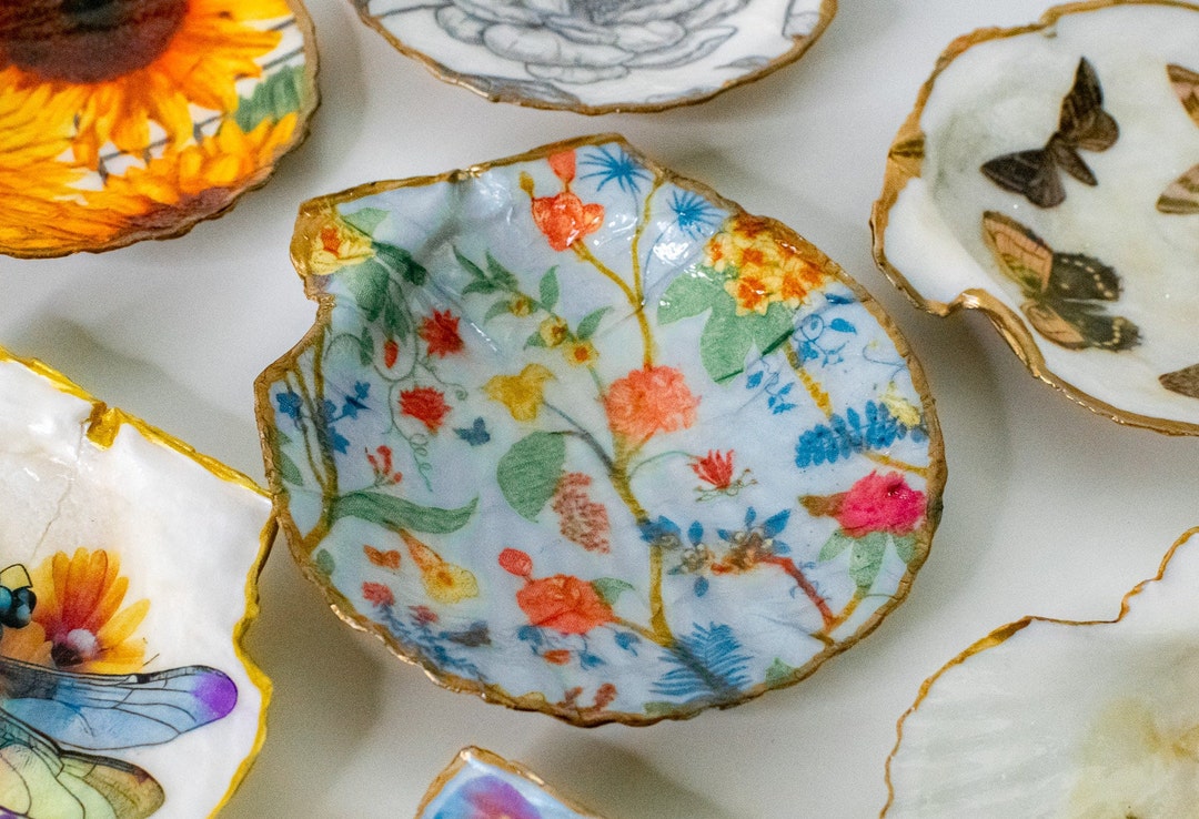 Spring Blossom Scallop Shell Jewelry Dish Floral Decoupage Trinket Tray ...