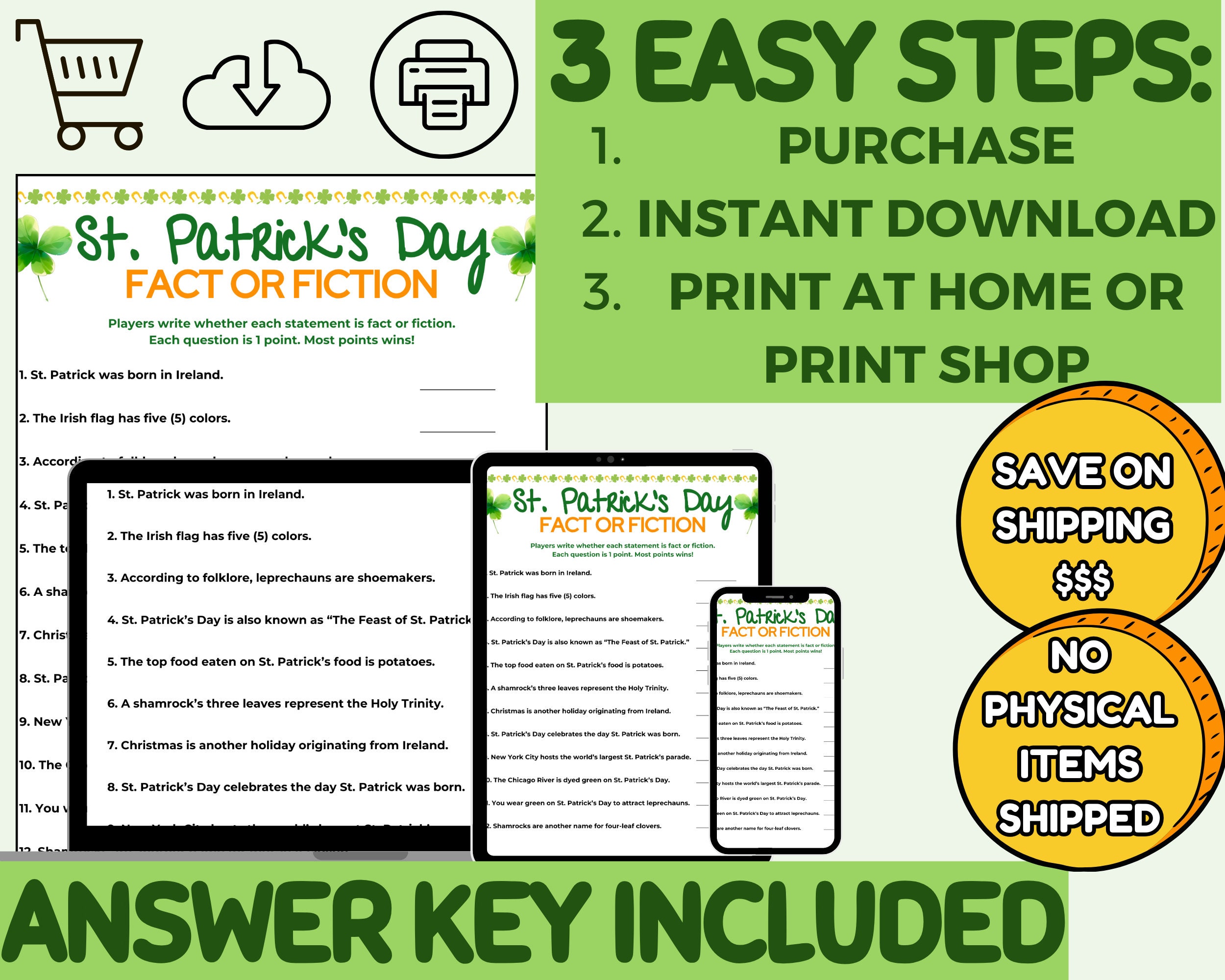 St Patrick's Day Fact or Fiction Party Game True or False Activity ...