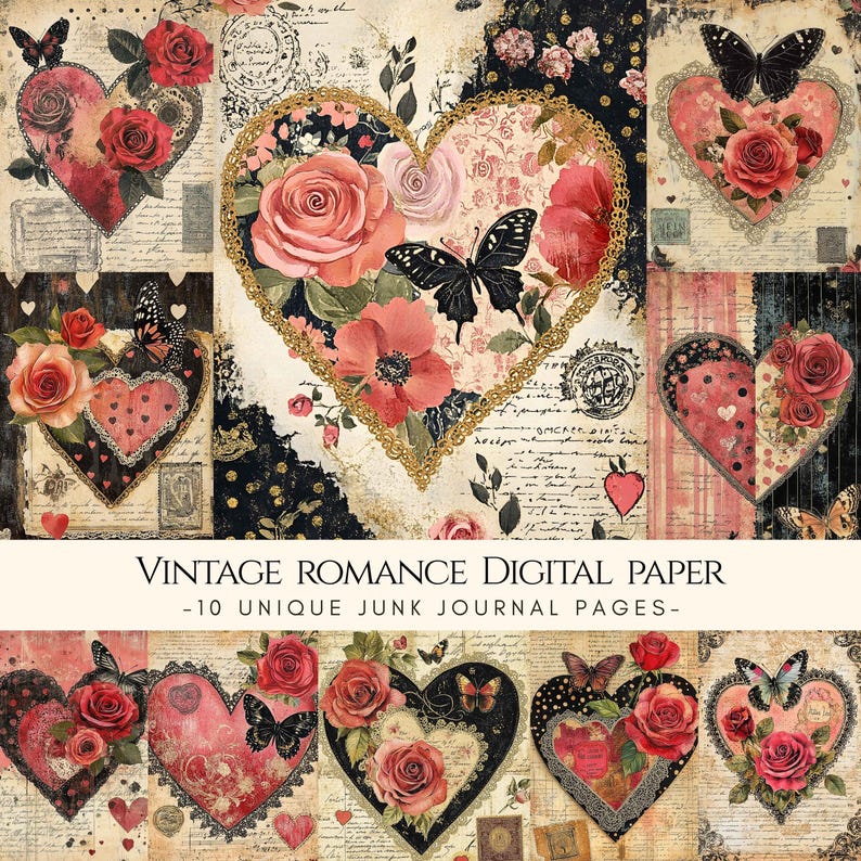 Shabby Hearts and Roses Digital Paper, Valentine Junk Journal Pages ...