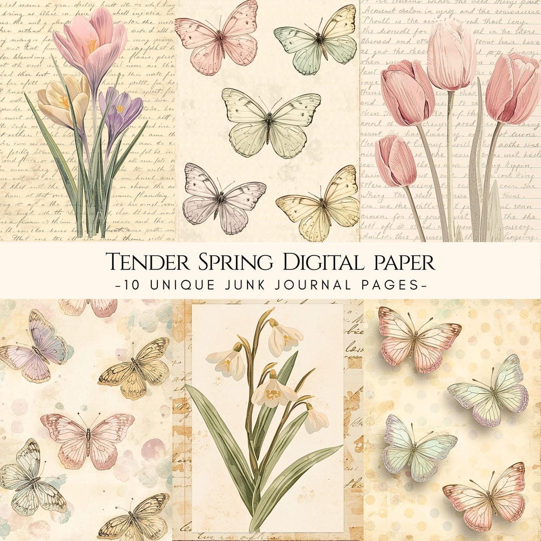 Spring Flowers Digital Paper, Pastel Butterflies Junk Journal Pages ...