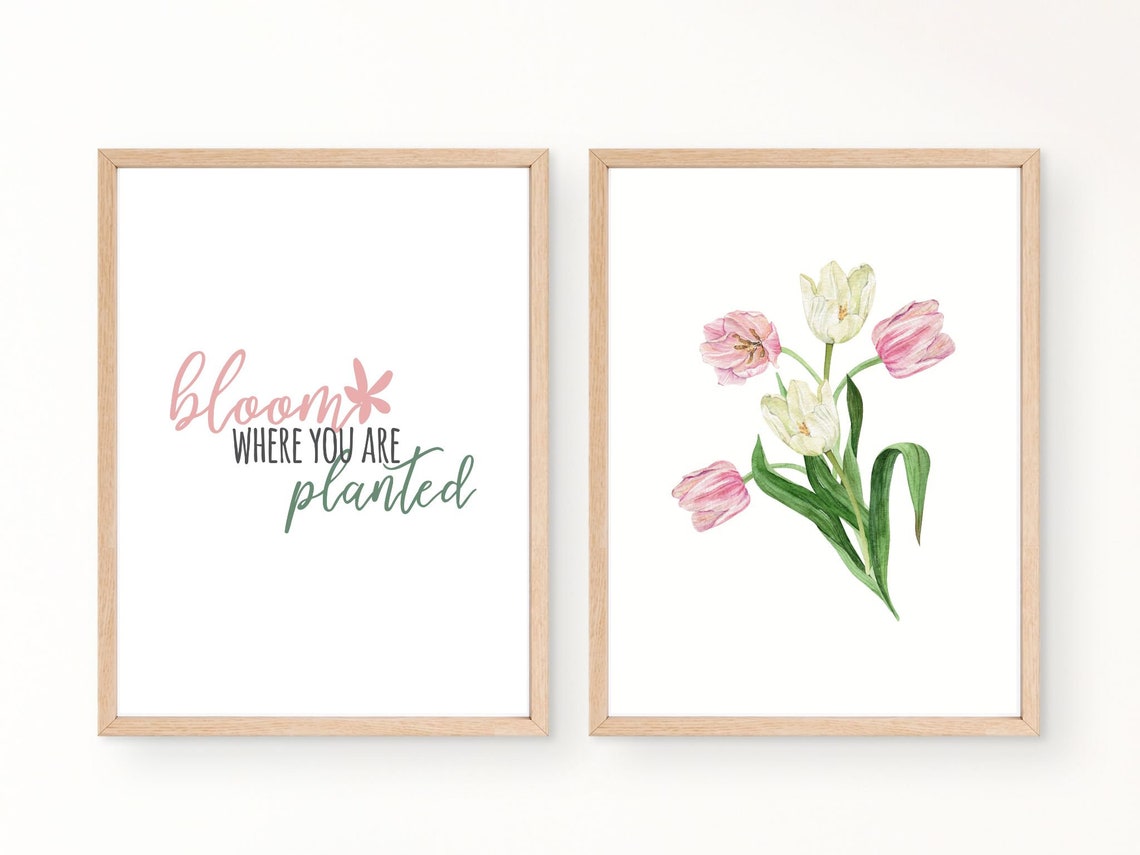 Bloom Where You Are Planted Tulips Watercolor Printable Wall Art Set of ...