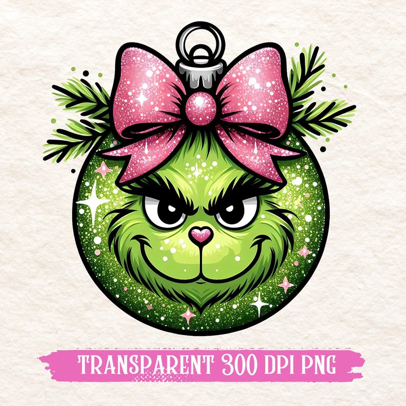 Grinch Ornament With Pink Bow PNG, Merry Grinchmas Sublimation Print ...