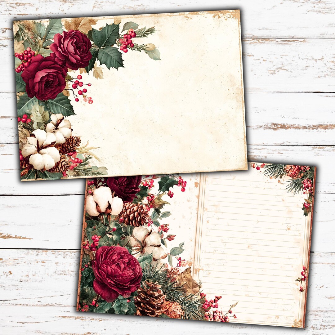 Vintage Christmas Junk Journal Pages, Winter Floral Stationery, Holiday ...