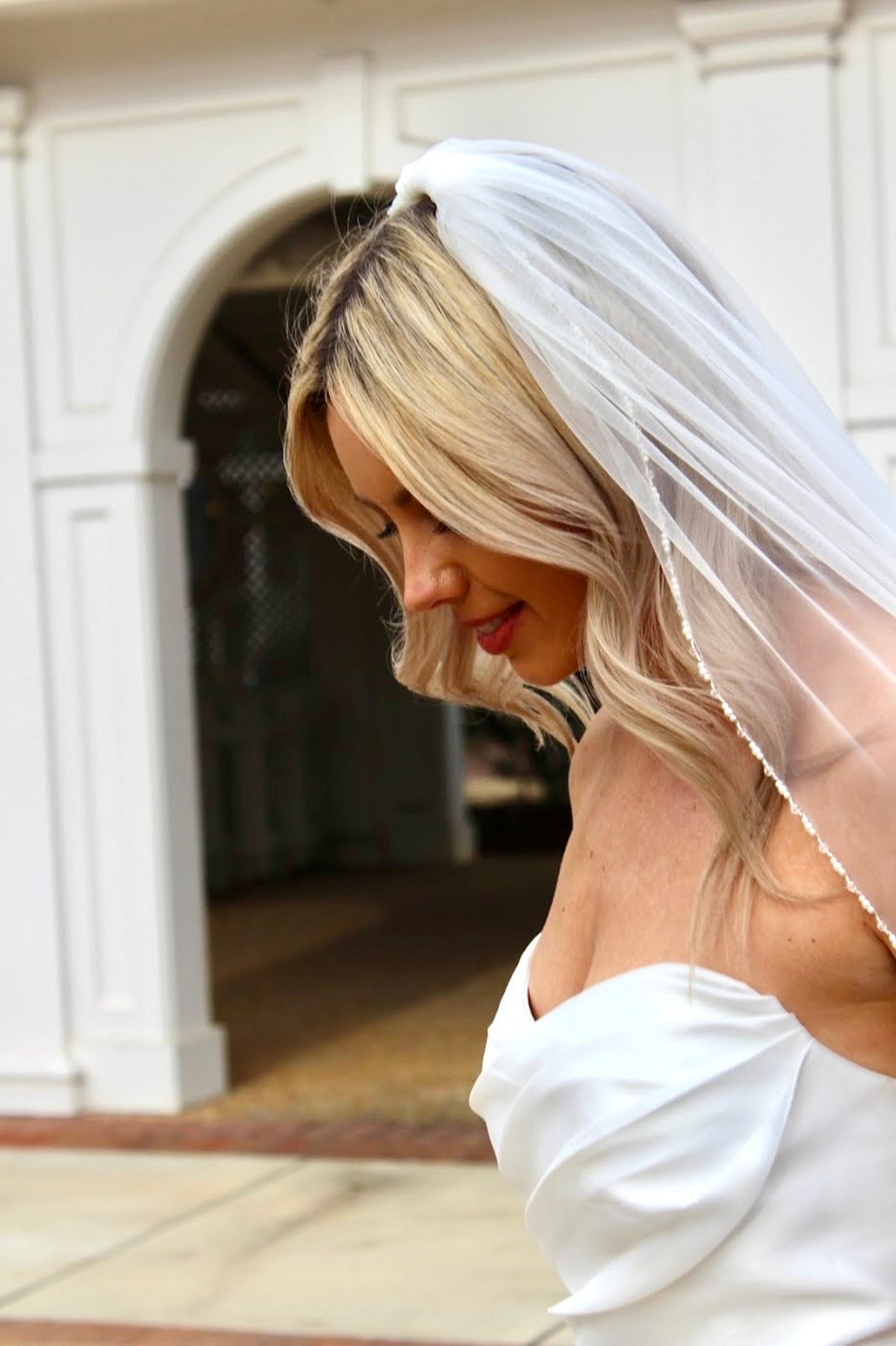 Pearl Bridal Veil, Beaded Veil, Crystal Veil, Wedding, Bride, Ivory Veil, Chapel Length Veil ...