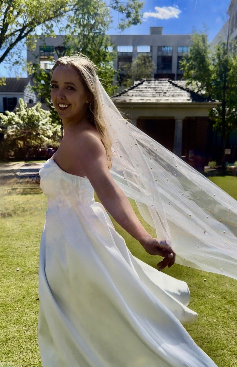 Chapel Length Pearl Wedding Veil: White Tulle, Beaded Edge - Etsy