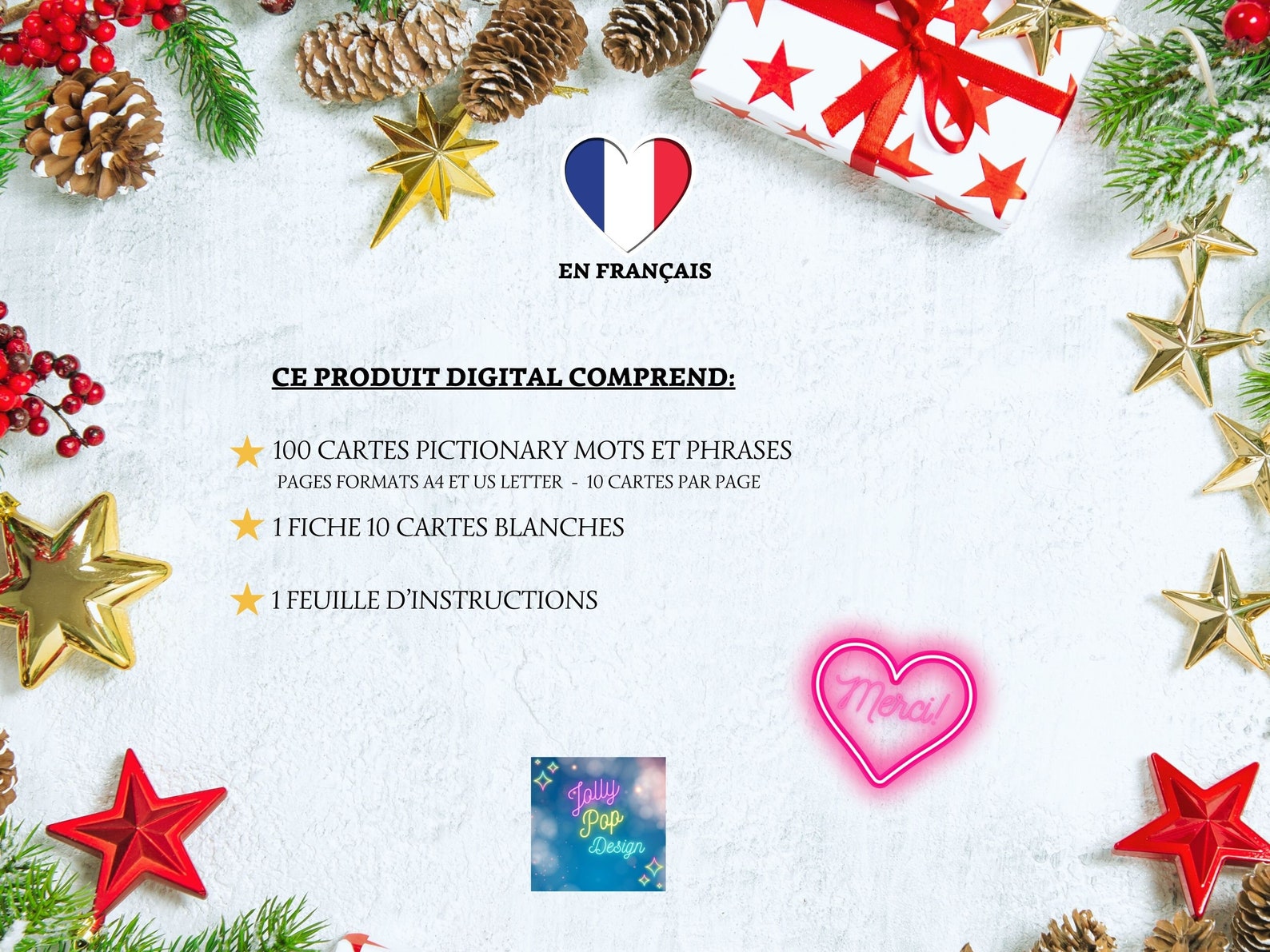 CHRISTMAS PICTIONARY in French, 100 Cards, Printable Game, Christmas ...