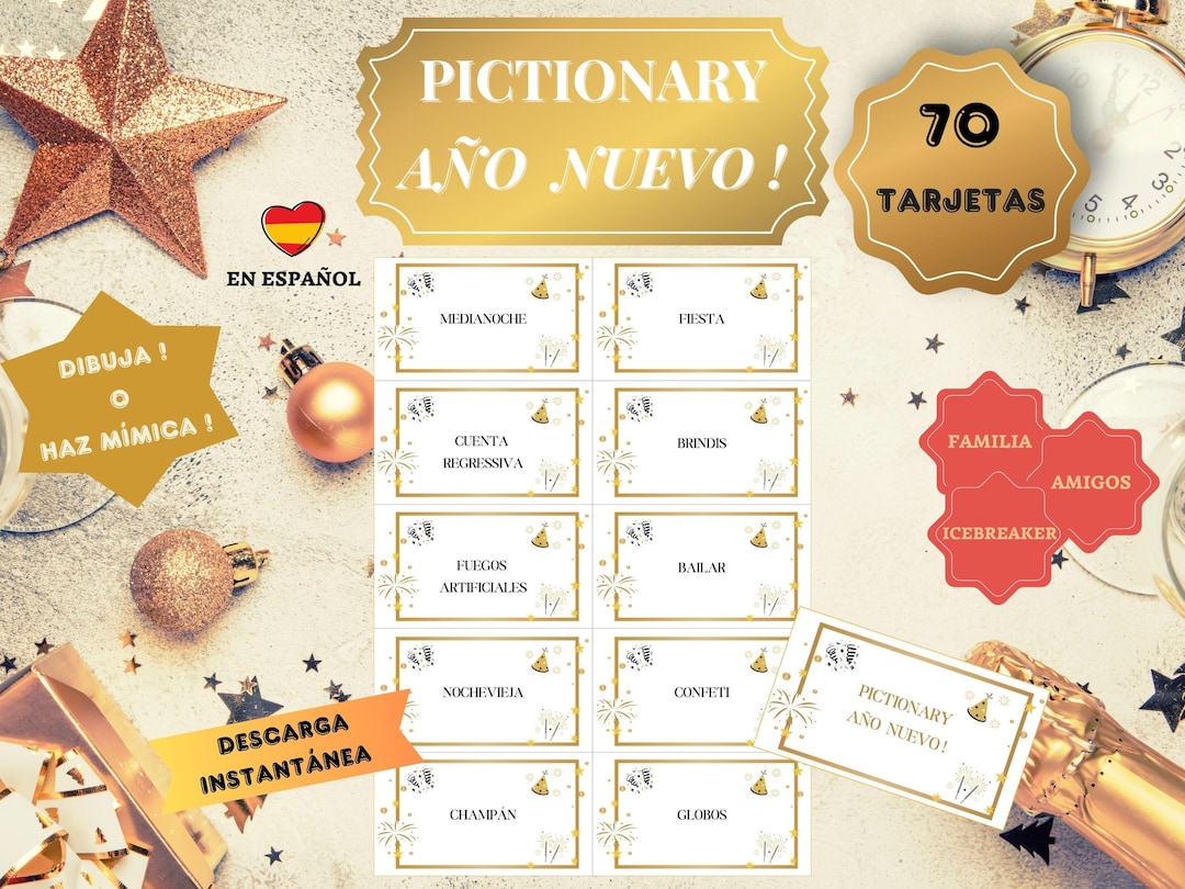 PICTIONARY AÑO NUEVO Game in Spanish, 70 Printable Cards, Instant ...