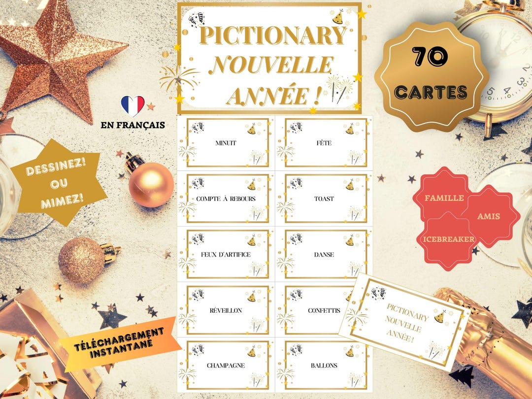 PICTIONARY New Year, Printable Game in French, New Year's Game ...