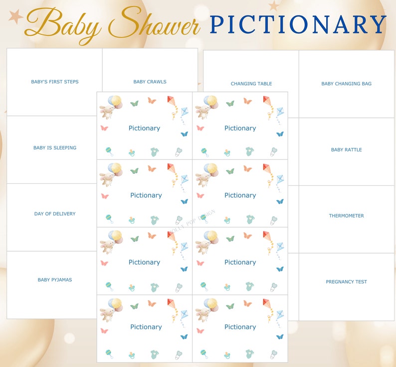 Baby Shower PICTIONARY Printable Game Set of 64 Cards Game for Baby ...