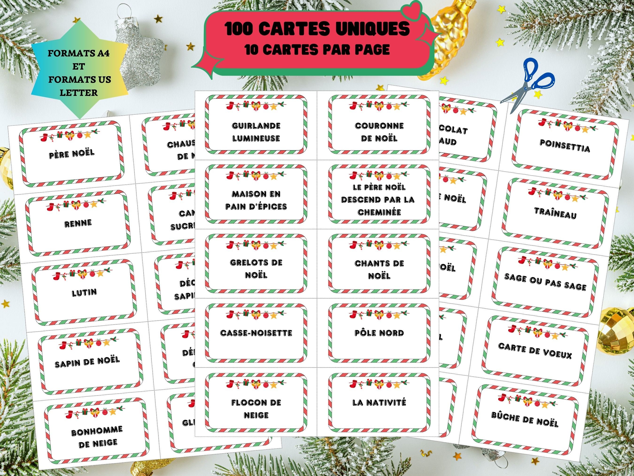 CHRISTMAS PICTIONARY in French, 100 Cards, Printable Game, Christmas ...