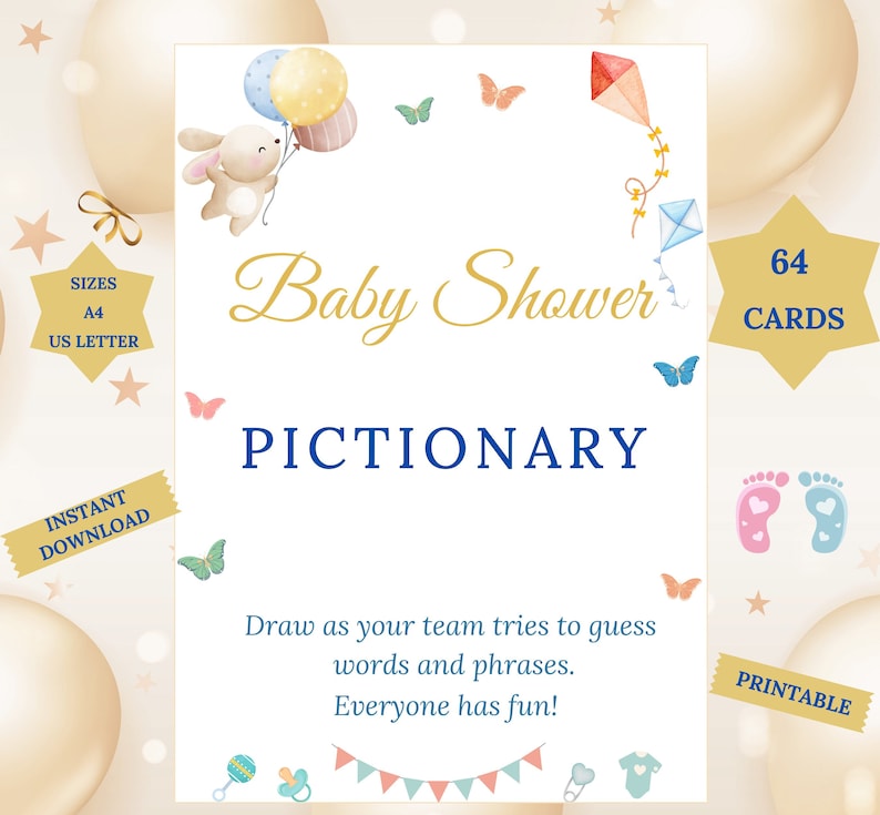 Baby Shower PICTIONARY Printable Game Set of 64 Cards Game for Baby ...