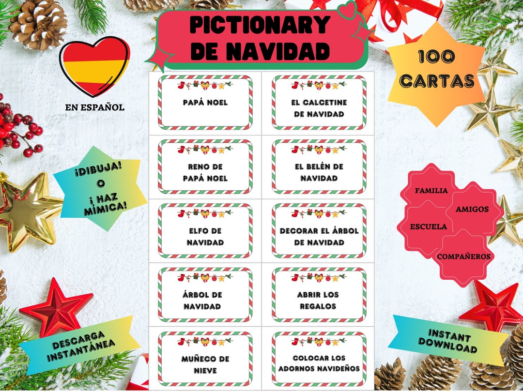 Game PICTIONARY NAVIDAD, En Español, 100 Cards, Imprimible Game ...