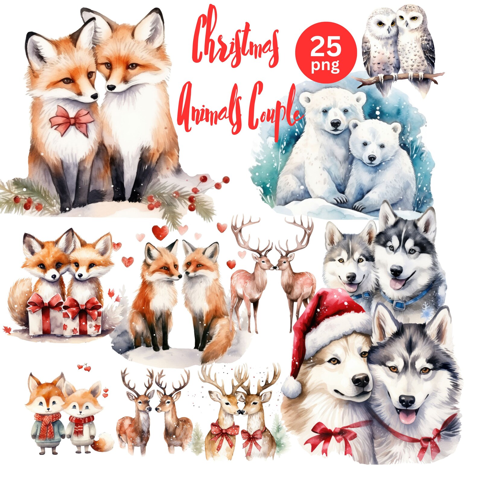 Cute Couple Animal Christmas Watercolor Clip Arts, Cute Sticker, Animal ...