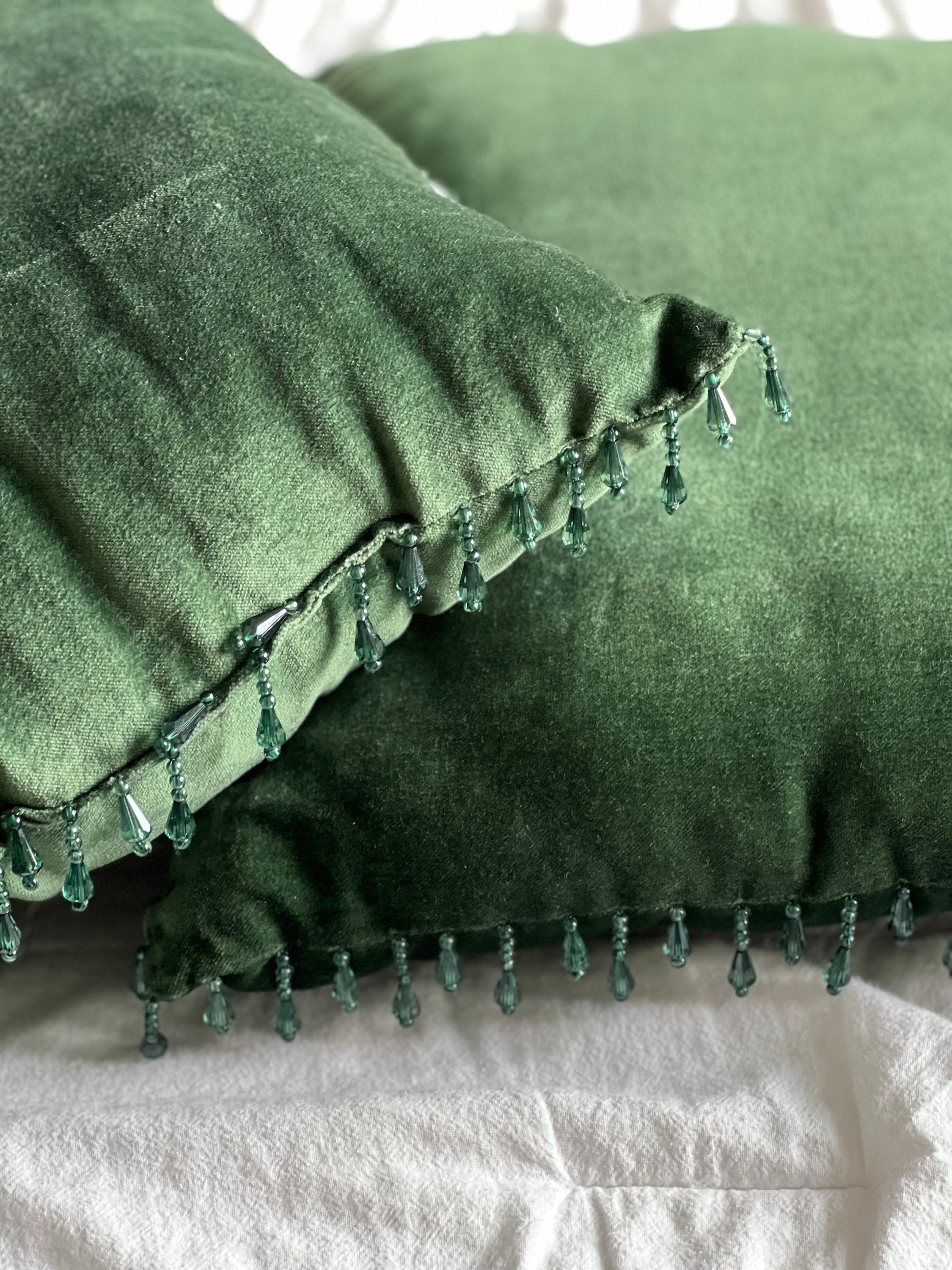 Vintage Velvet Emerald Green Beaded Throw Pillows Boho Eclectic Decor ...